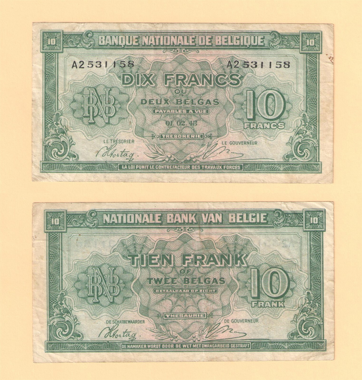 1943 BELGIUM WW II 10 FRANCS NOTE CURRENCY CATALOG # P122 | eBay