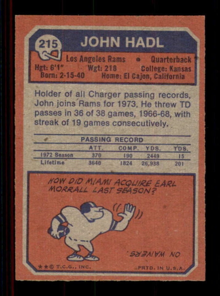 1973 Topps #215 John Hadl VGEX LA Rams 538965 | eBay