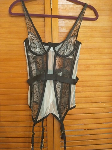 Victoria's Secret Black Floral Lace White Mesh Garter Boned Teddy ...