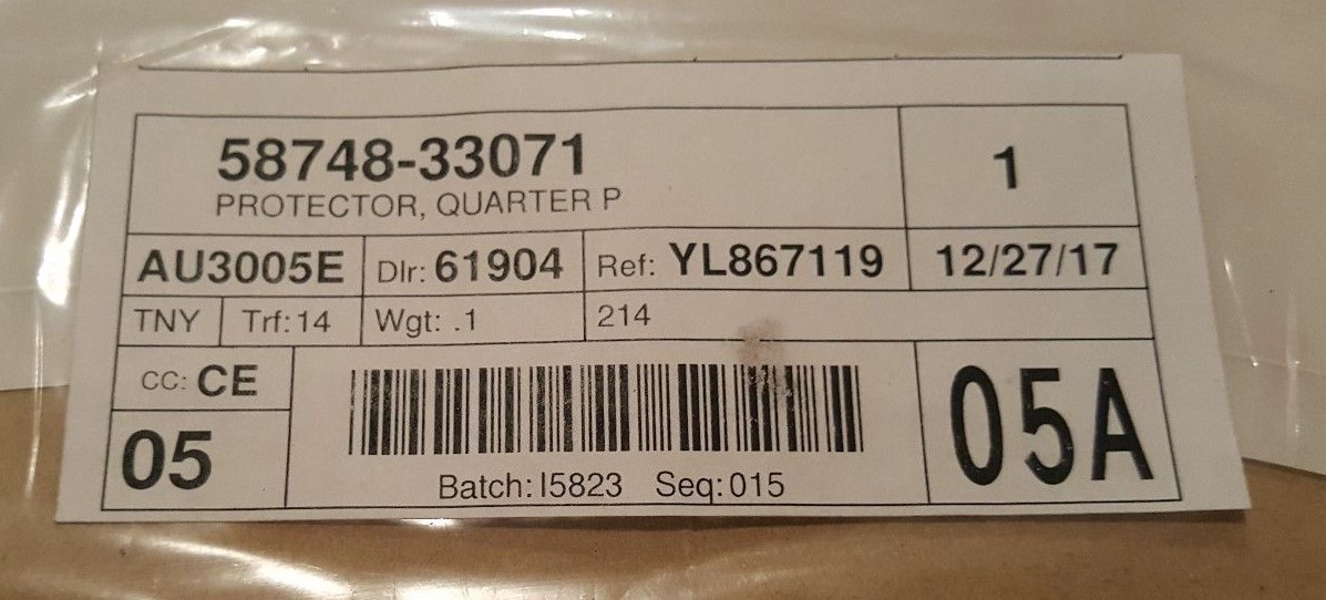 13-16 LEXUS ES300H ES350 QUARTER PANEL PROTECTOR 5874833071 GENUINE OEM ...