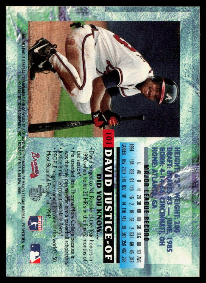 David Justice 1995 Topps Embossed Golden Idols #101 Corners | eBay