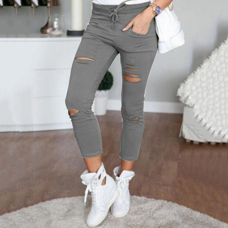 Frau Skinny High Waist Denim Look Hosen Ripped Jeans Hose Röhrenjeans ...