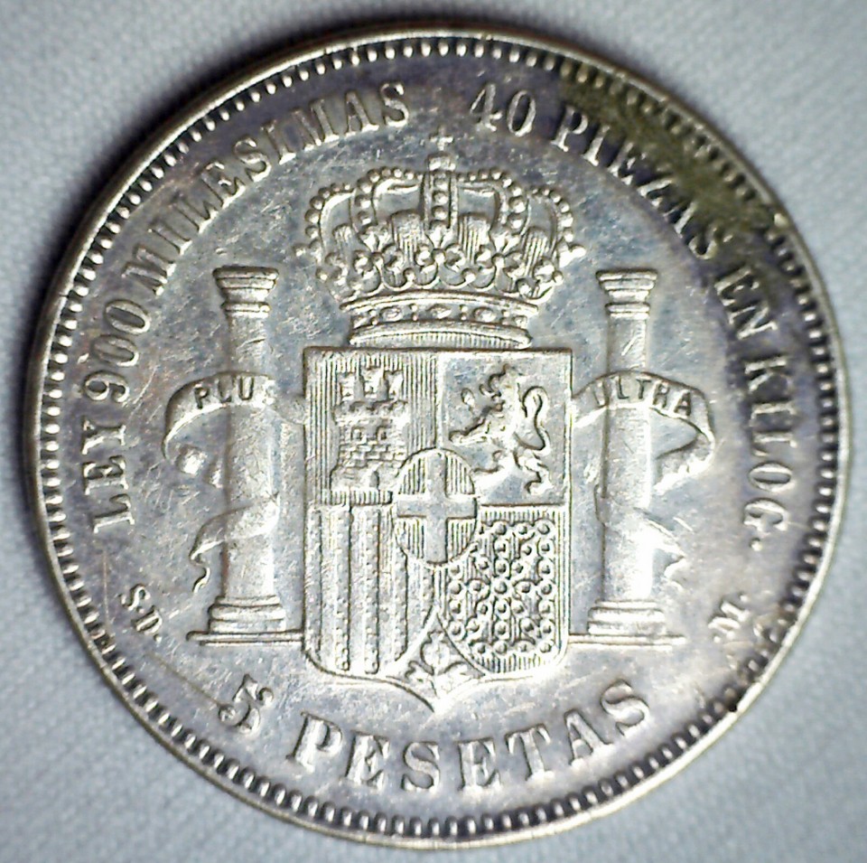 1871 Spain Silver 5 Pesetas Coin Circulated You Grade Amadeao I Ruler 6 ...