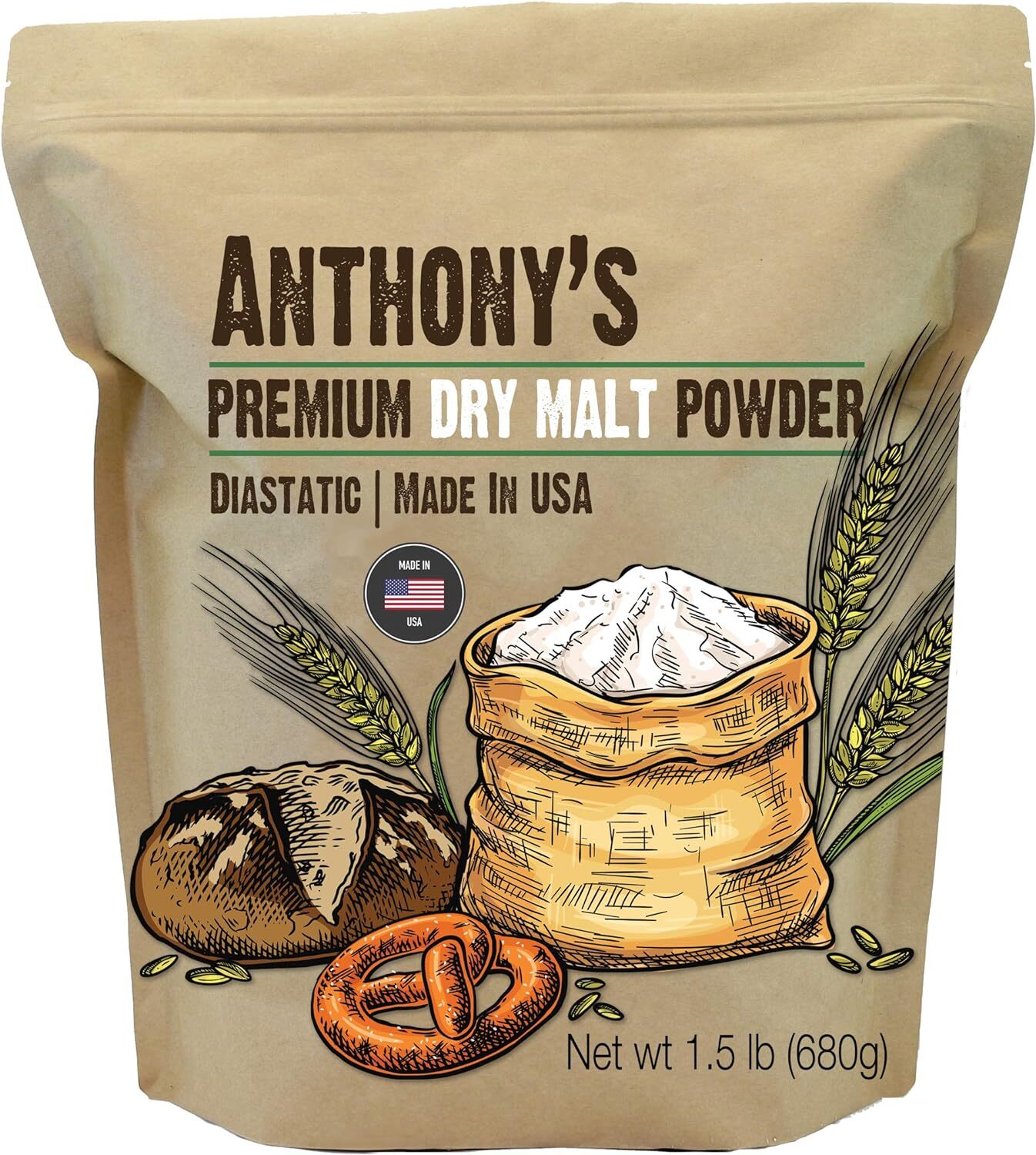 Anthony's Diastatic Dry Malt Powder, 1.5 lb, Made in the USA, Diastatic ...