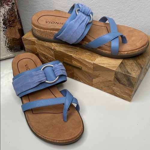 Vionic Landyn Leather Suede Cork-Wrapped Sole Sandals Blue Shadow Size ...