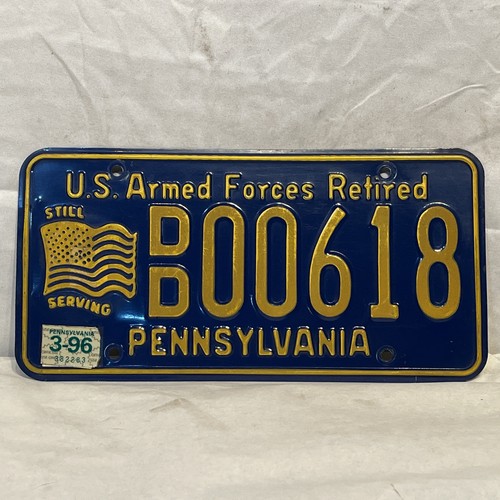Pennsylvania U.S. Armed Forces Retired Military License Plate 3/96 Reg ...