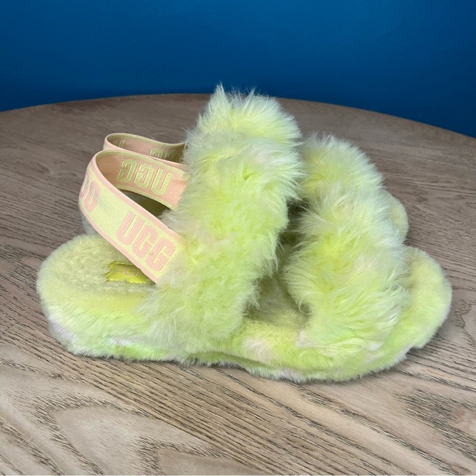 UGG Oh Yeah Spots Slide Slipper Fluffy Sandal Neon Green Pink Women’s ...