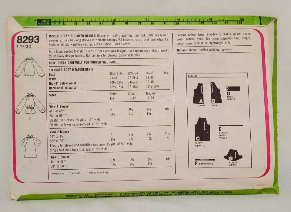 Misses Jiffy Pullover Blouse Simplicity 8293 Vintage 1977 Size Petite 6 ...