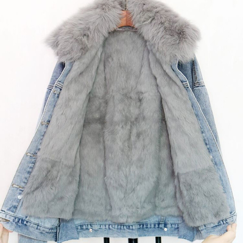 Lady Faux Fur Lined Denim Jacket Warm Coat Thick Fluffy Furry Collar ...