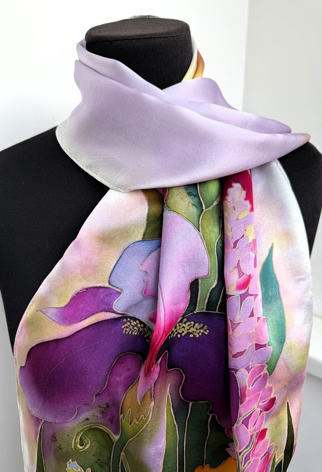 Hand Painted Irises and Lupines Satin Silk Scarf Mother's Day Gift. | eBay
