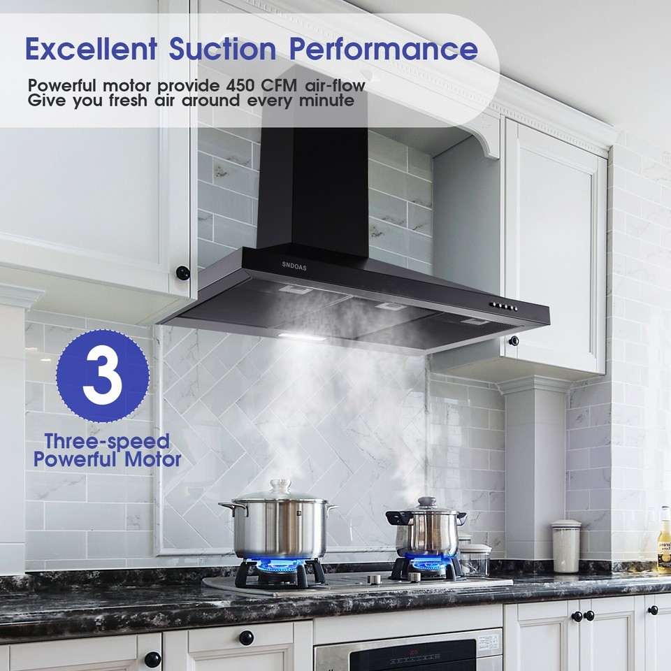 36in Wall Mount Range Hood Black Stainless Steel 450CFM Ducted/Ductless ...