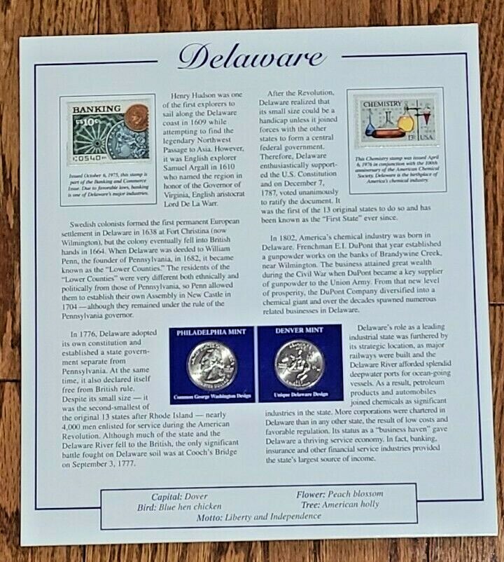 Delaware "First State" 1787 Statehood Quarter Dollars Panel Coin/Stamp ...