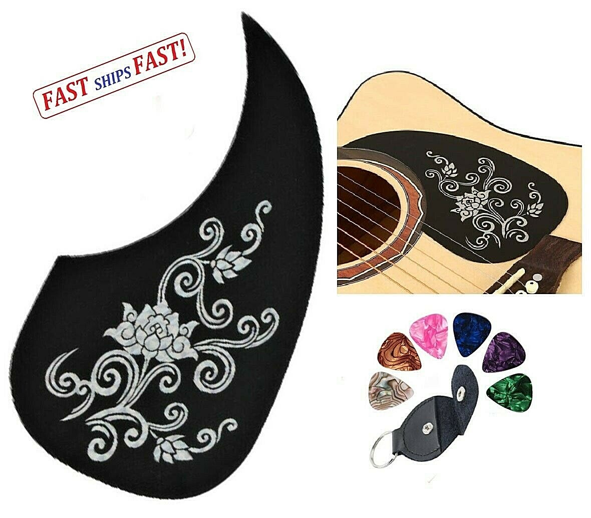 BLACK SILVER ACOUSTIC GUITAR PICKGUARD SCRATCH STICKER + PICKS & PICKS ...