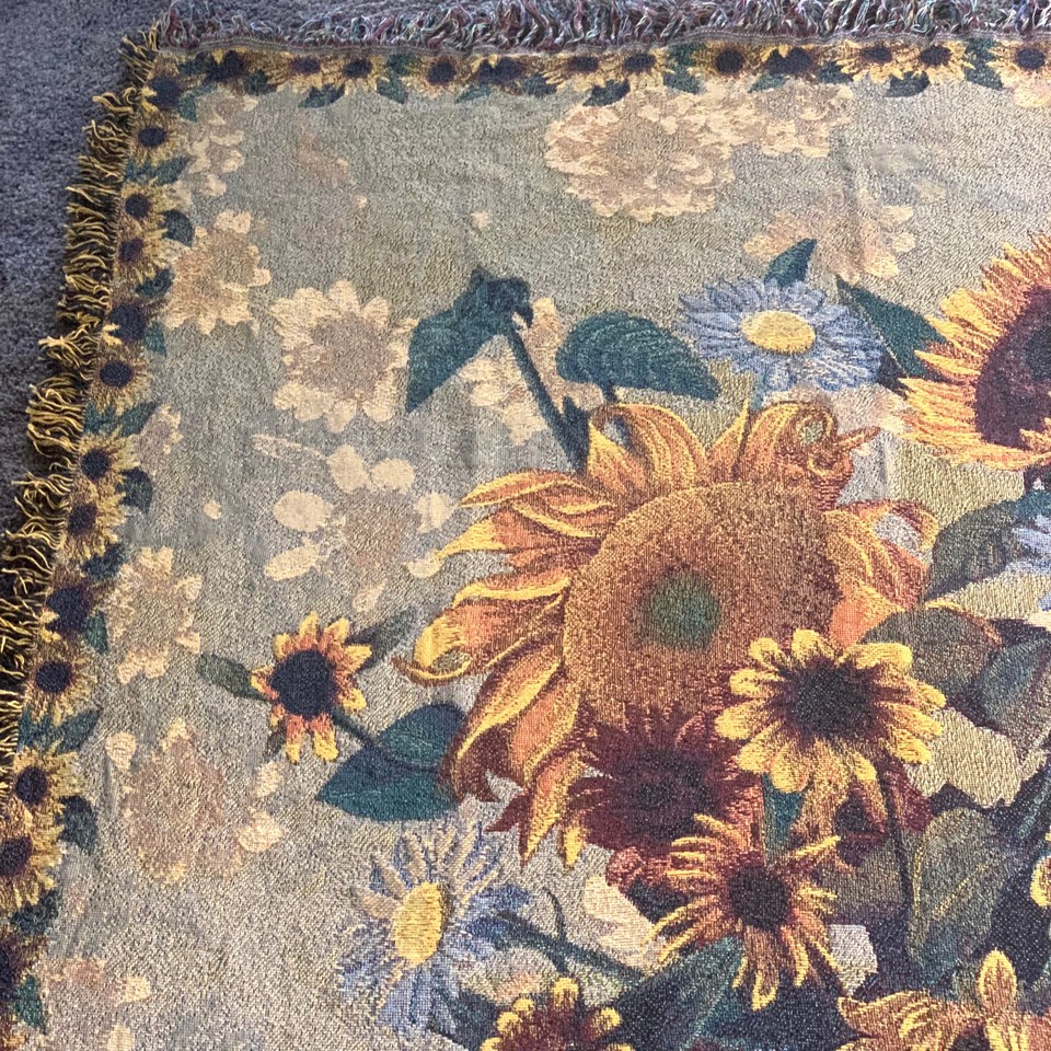 Pat Cockrell Cottage Core SUNFLOWERS Fringed Throw Jacquard Tapestry ...