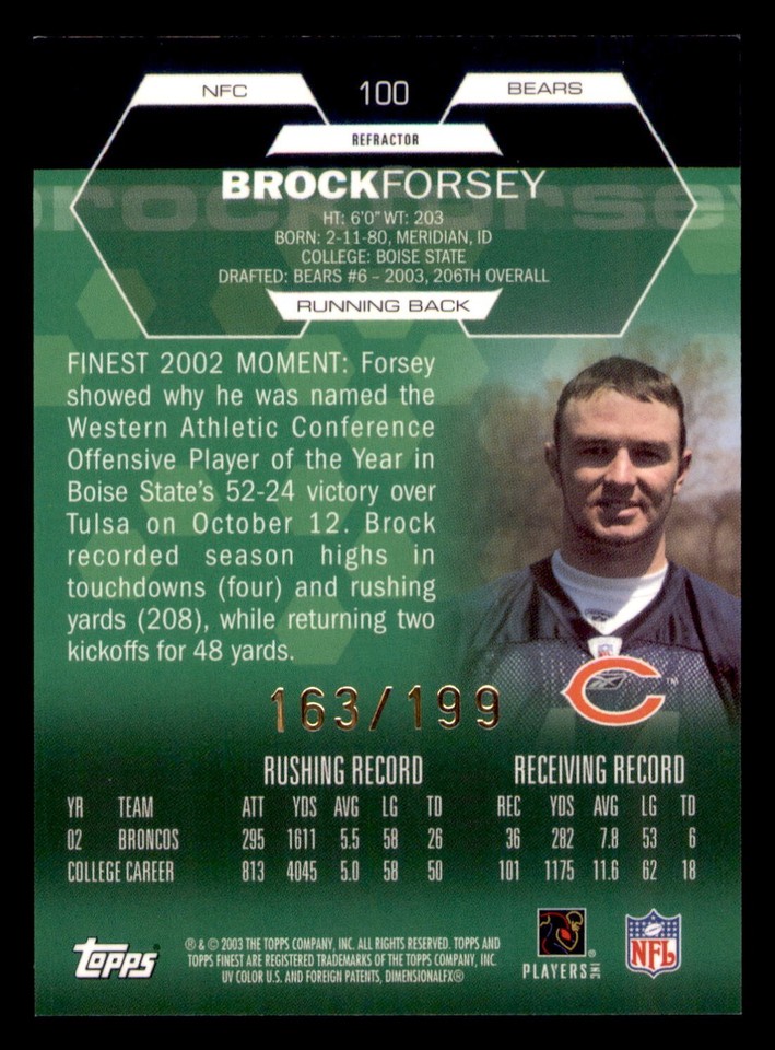 2003 Topps Finest Refractor #100 Brock Forsey #163/199 RC | eBay