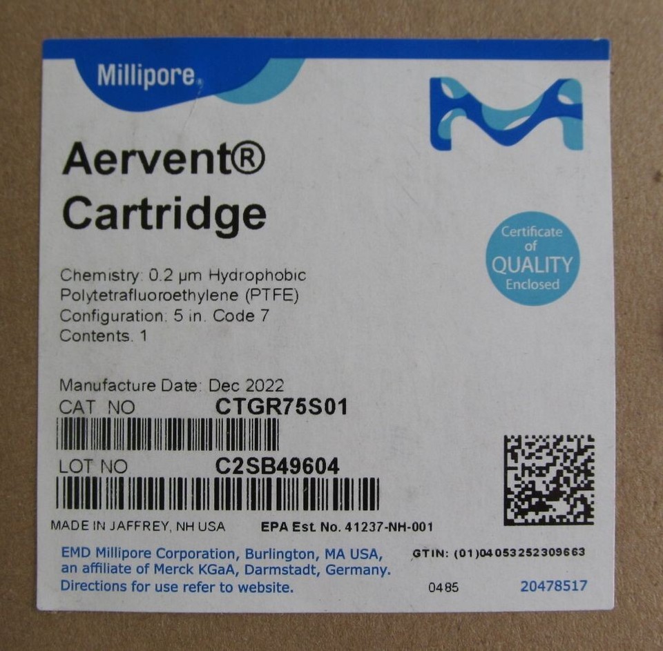 NEW MILLIPORE CTGR75S01 AERVENT CARTRIDGE FILTER STERILIZING GRADE 5in ...
