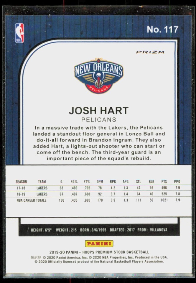 2019-20 Raw Josh Hart New Orleans Pelicans #117 Silver Holo Prizm | eBay