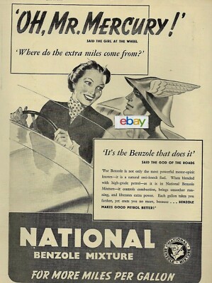 NATIONAL BENZOLE CO U.K.1938 OH MR MERCURY! WHERE DO EXTRA MILES COME ...