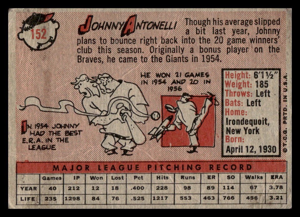 1958 Topps Johnny Antonelli #152 San Francisco Giants Baseball Card | eBay