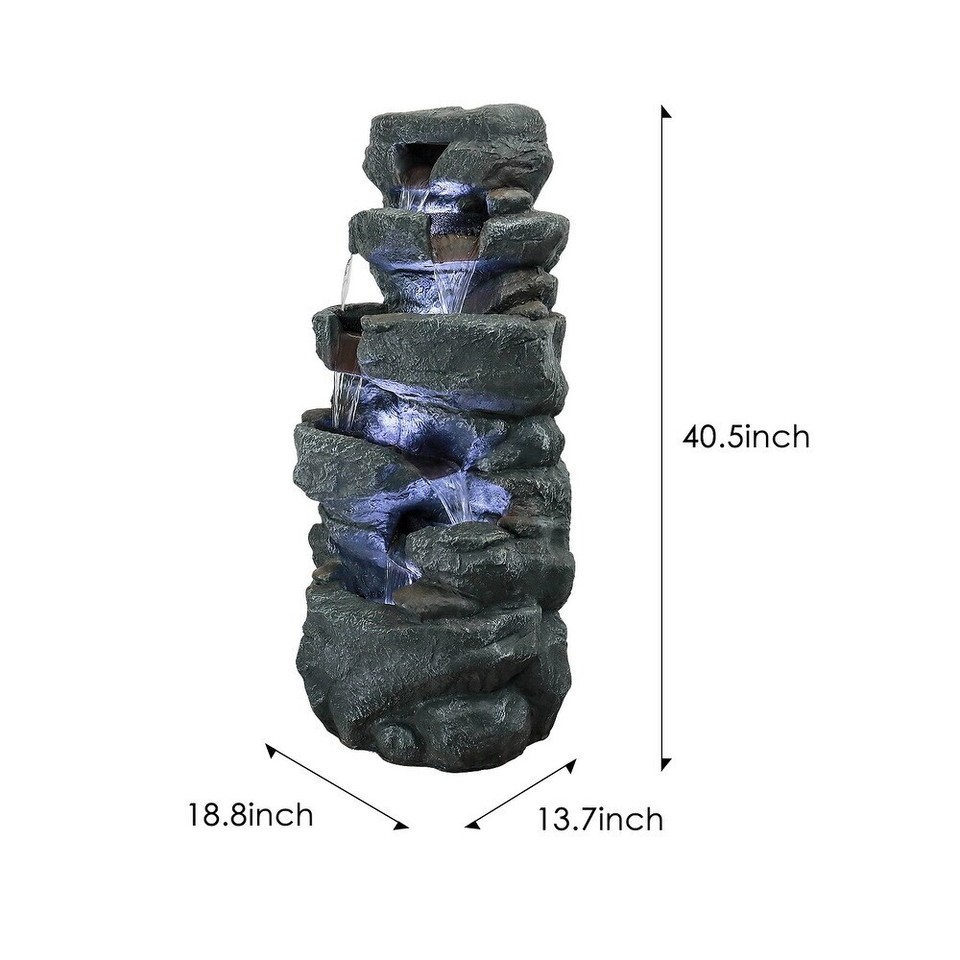 40in 6-Tier Rock Waterfall Fountain with Pump – Indoor or Outdoor Water ...