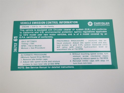 1972 DODGE CHRYSLER PLYMOUTH 318 CALIFORNIA PRODUCTION ENGINE EMISSIONS ...