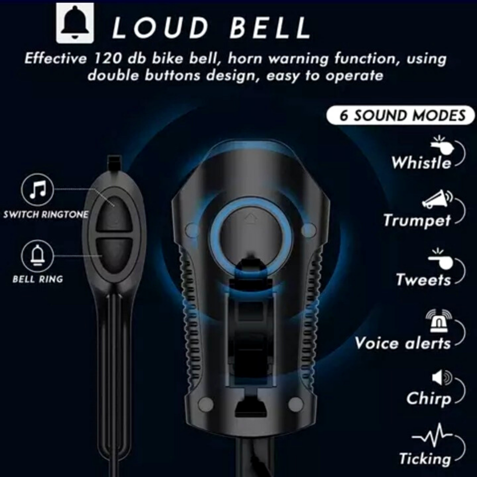 5 Mode USB Rechargeable LED Bike Front Light Headlight Horn Bell + Rear ...