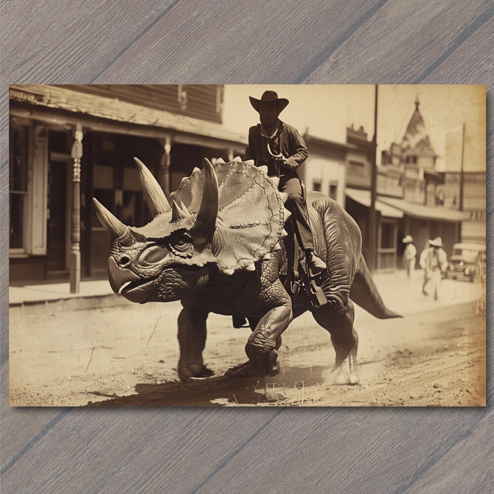 POSTCARD Dinosaur Riding Men Cowboy Old School Vibe Weird Strange ...