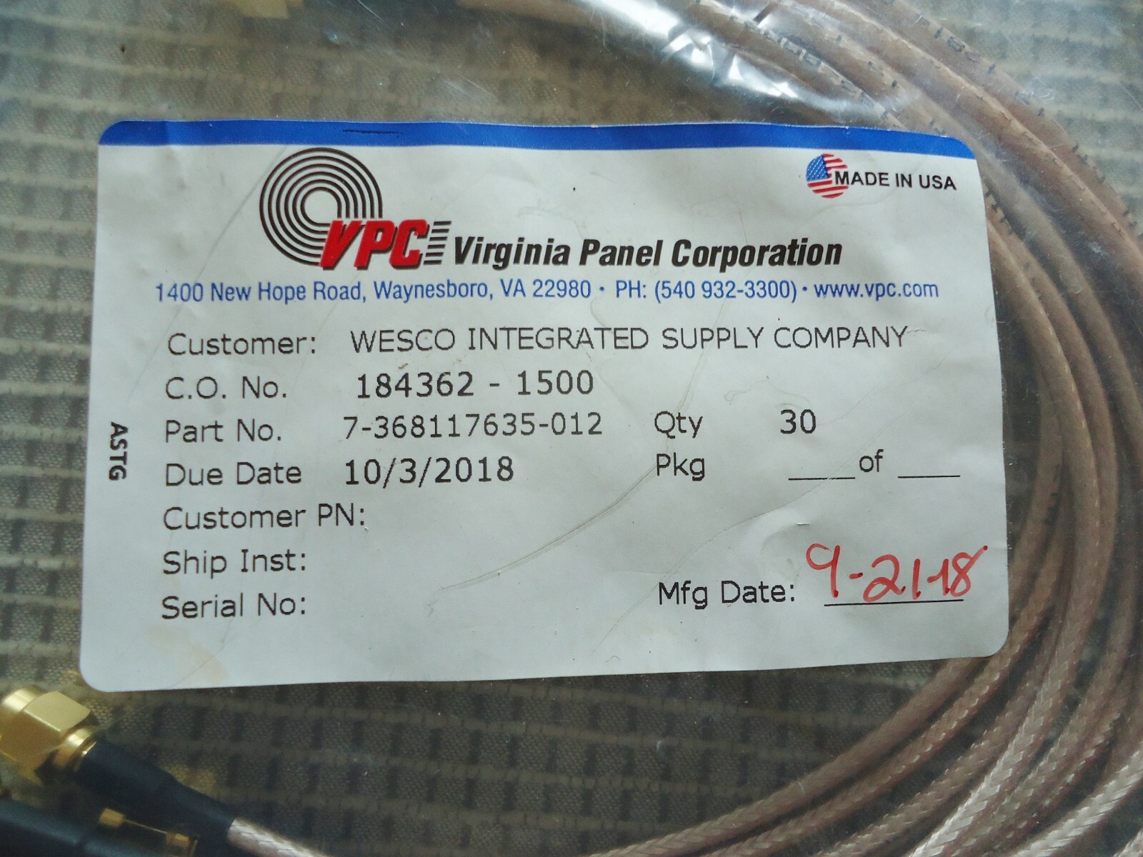 14 NEW VPC(VIRGINIA PANEL CORP.) 184362-1500, PART# 7-368117635-012 | eBay