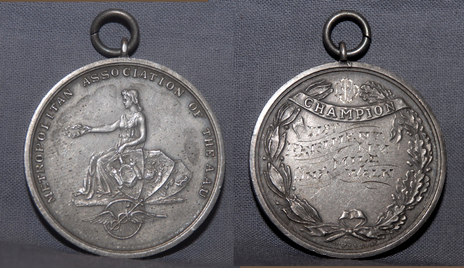NY AAU 71st REGIMENT Sterling 1 Mile Walk CHAMPION Medal Engraved 1920 ...
