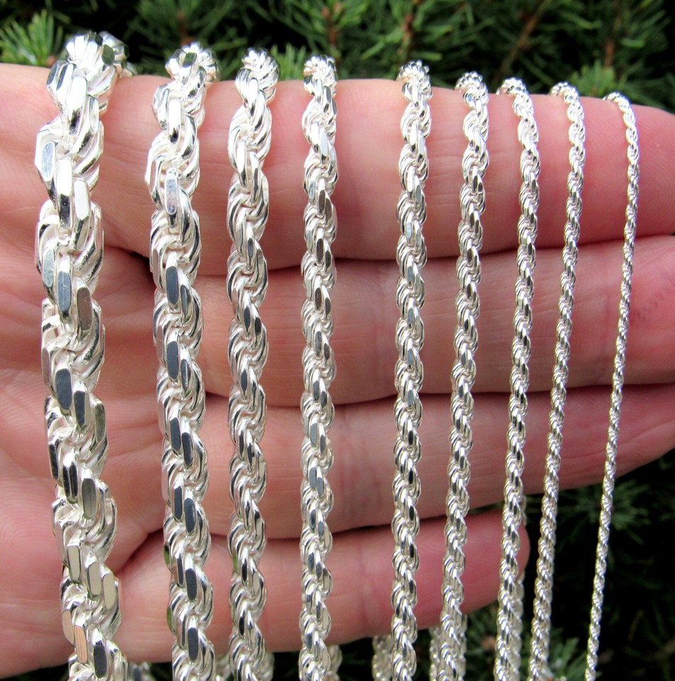 Solid 925 Sterling Silver Italian DIAMOND CUT ROPE CHAIN Necklace ...