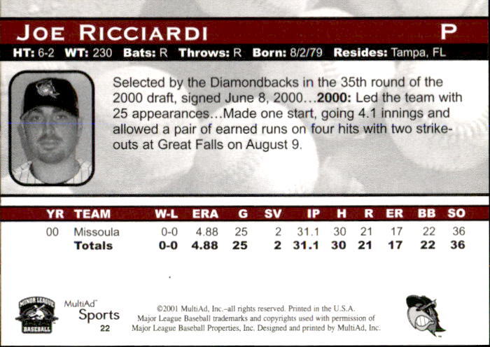 2001 South Bend Silver Hawks Multi-Ad #22 Joe Ricciardi Tampa Florida ...