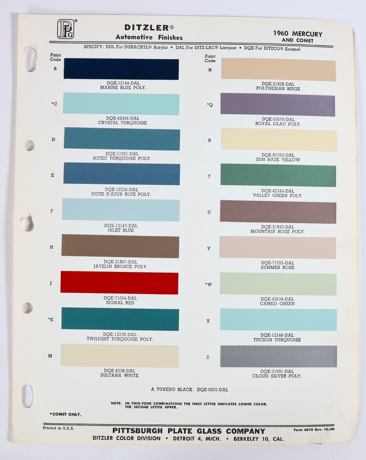 1960 Mercury & Comet Color Paint Chip Sheet Ditzler PPG Automotive ...