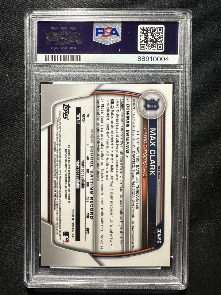 2023 Bowman Draft Chrome Prospect Auto Refractor Max Clark /499 PSA 9 # ...