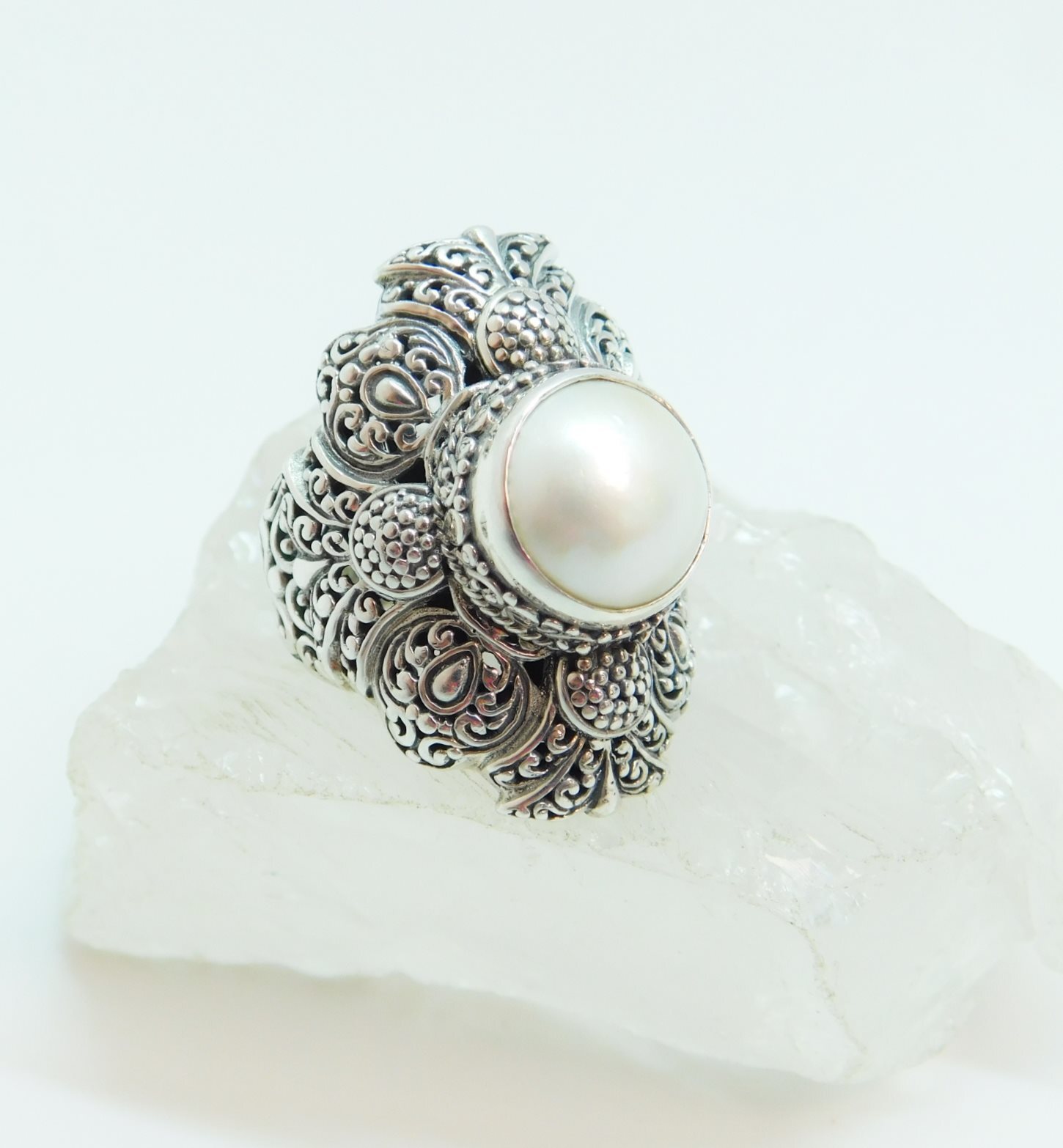 Sarda Bali Artisan 925 Silver Scrolled Cut Out Pearl Statement Ring 12 ...
