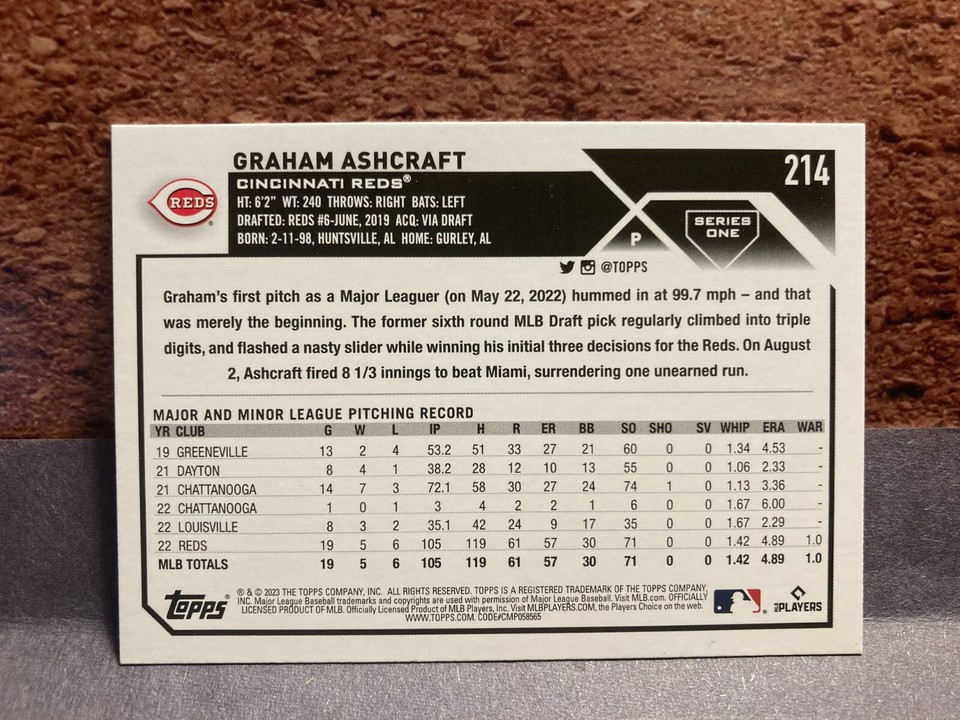 2023 Topps #214 Graham Ashcraft Baseball Card Cincinnati Reds Rookie RC ...