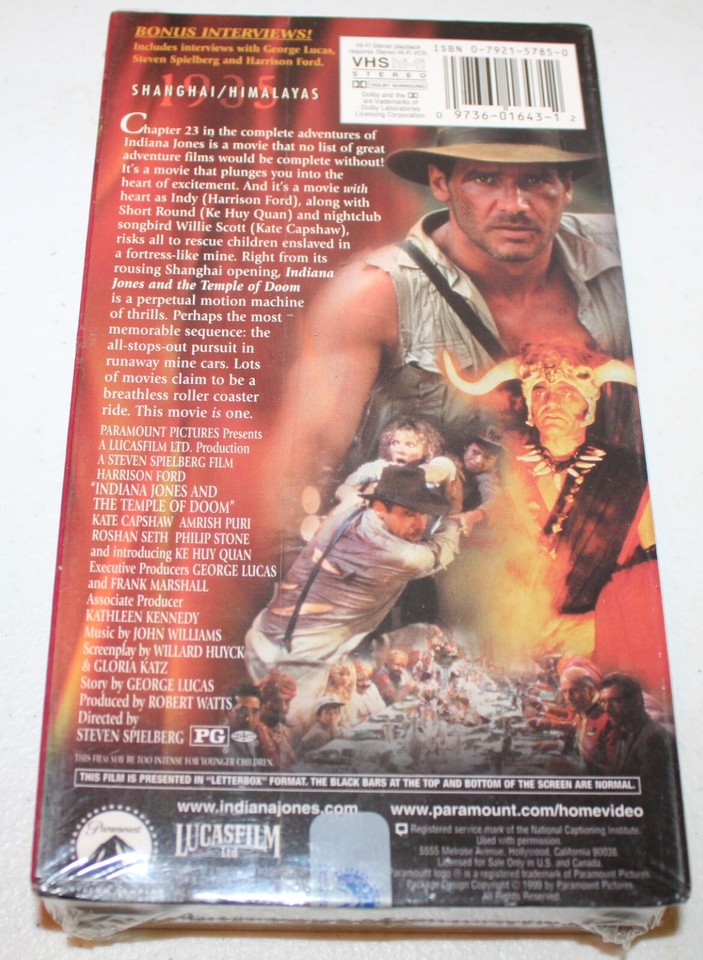 Indiana Jones and the Temple of Doom (New Sealed VHS, 1999, Widescreen ...