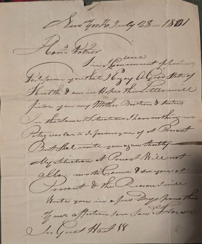 1801 EARRLY Stampless Folded Letter NYC to West Springfield MA –Col ...
