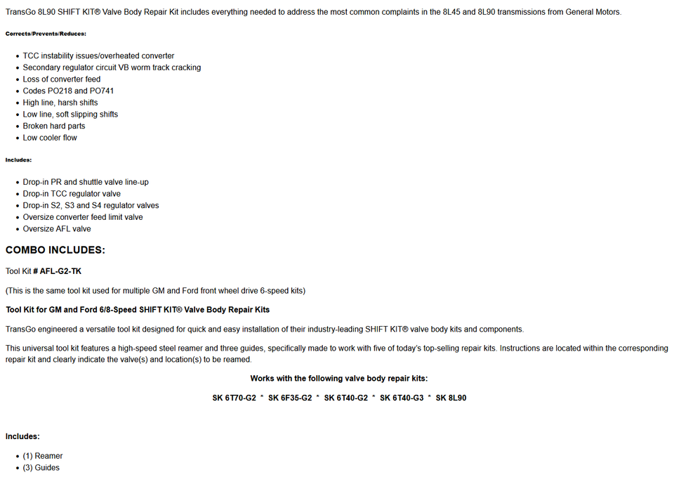 Transgo (SK 8L90) Shift Kit Valve Body Repair Fits all 8L45 and 8L90 ...