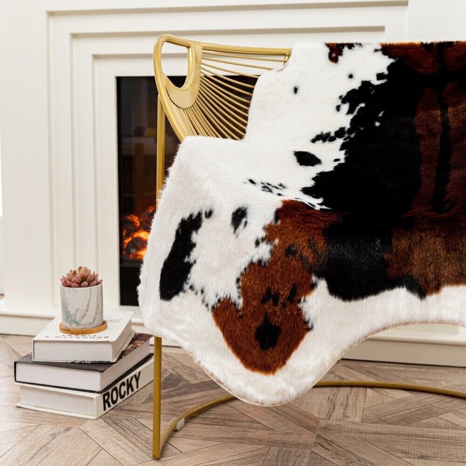 3.6'X3.2' Premium Faux Fur Cowhide Area Rug Throw Brown White Spotted ...
