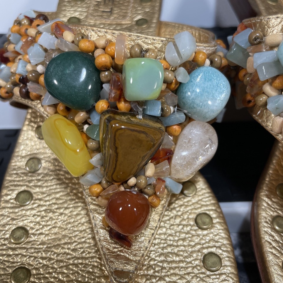 Bridget Shuster Size 8.5 Gold Leather Sandals Studded & Jeweled with ...