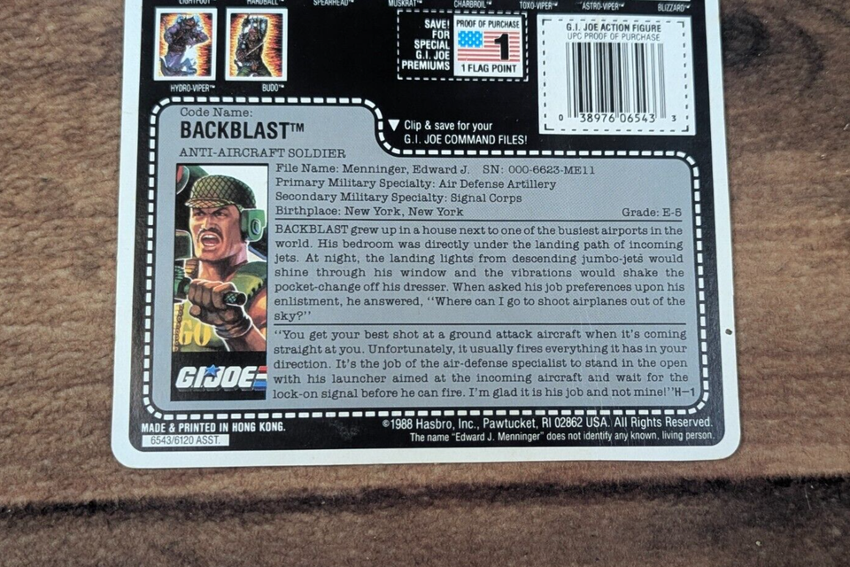 GI Joe Backblast Anti-Aircraft Solider, Card Back Only! Hasbro HK 1988 ...