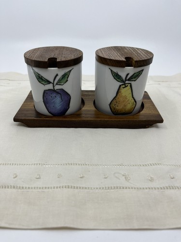 MCM Fred Press Ceramic Jam Jar set w/Hand Carved Sere Wood Base Lids ...