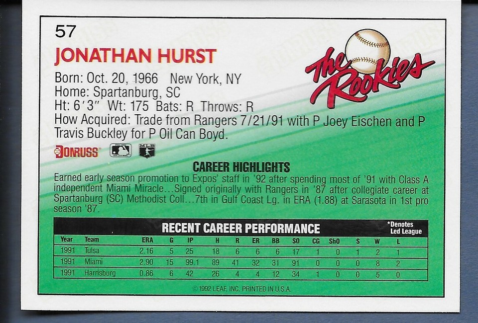 1992 Donruss Baseball The Rookies #57 Jonathan Hurst RC | eBay
