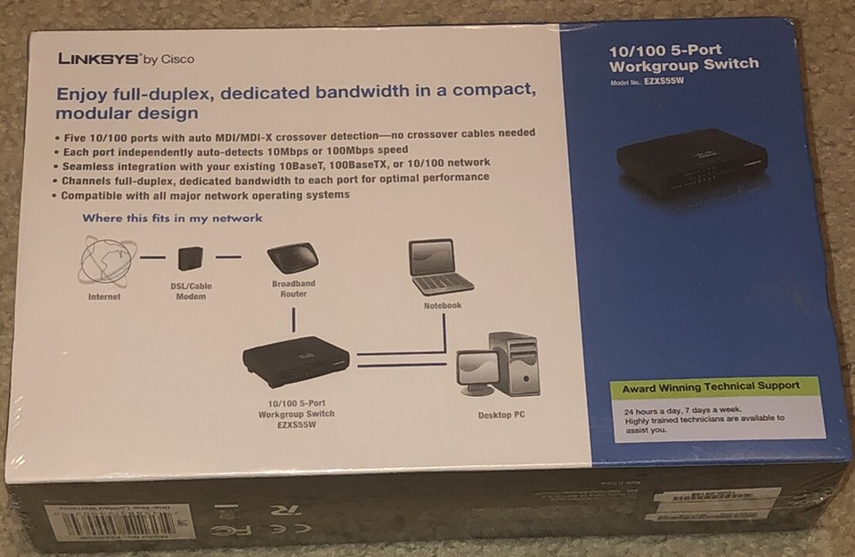 NEW Linksys 10/100 5 Port Workgroup Switch Model EZXS55W High-speed ...