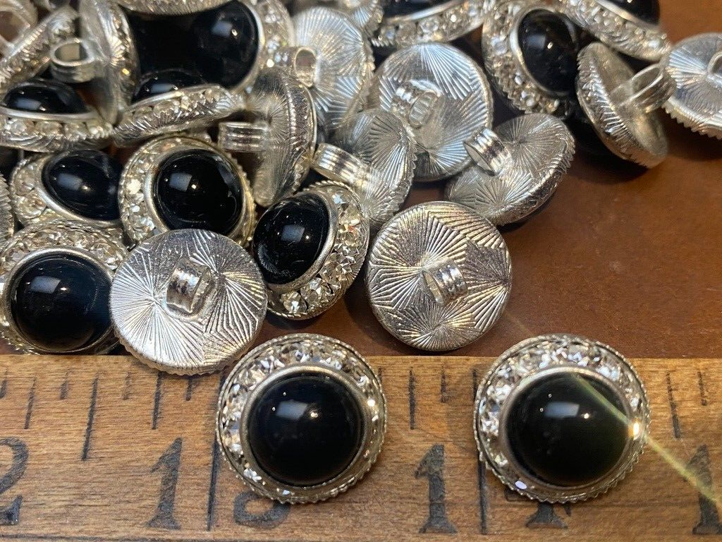 vintage silver black glass crystal shank buttons 5/8" Czechoslovakia ...
