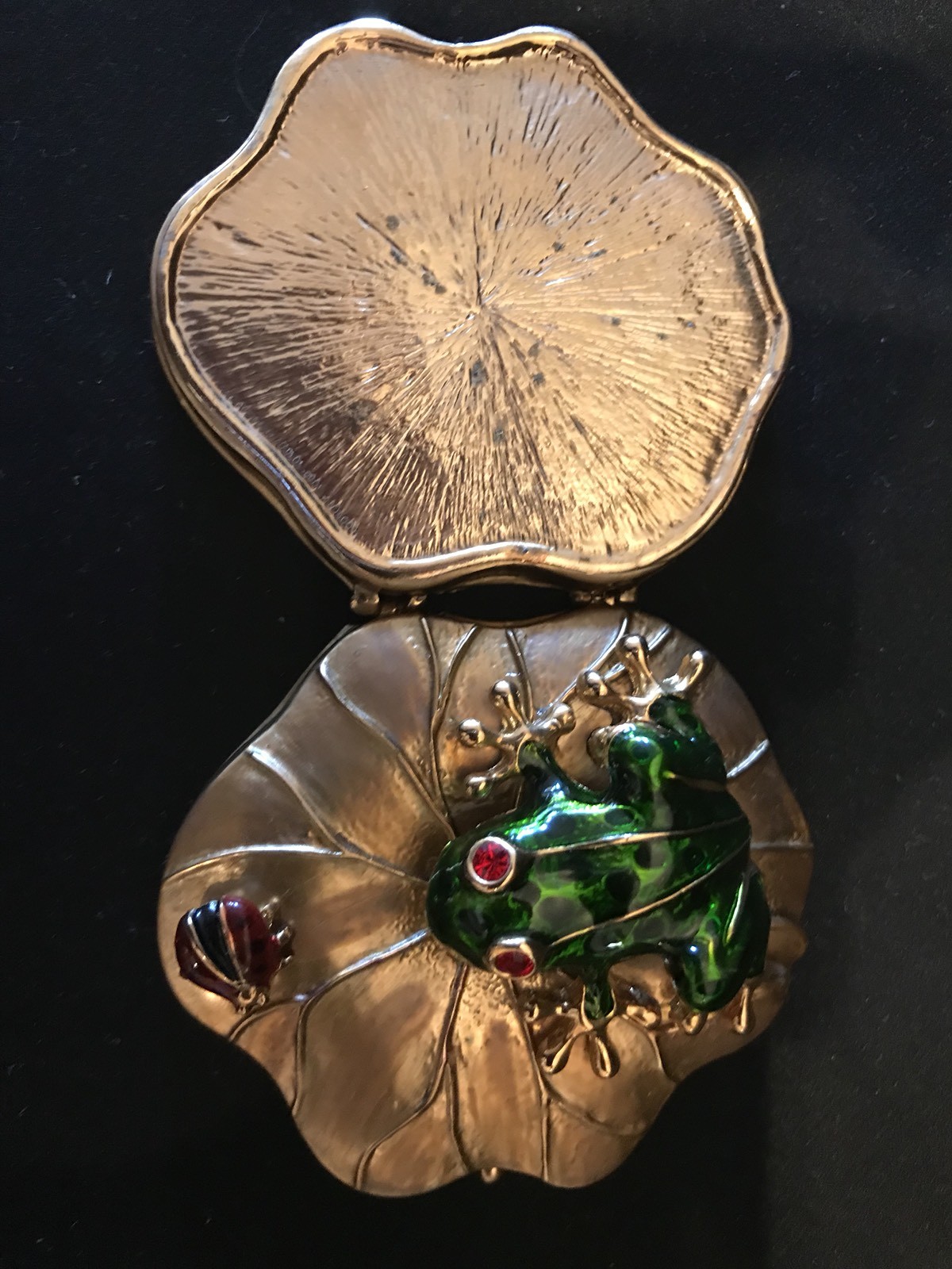 Jeweled Enamel Hinged Trinket Box Frog with Lady Bug on Gold Lily Pad ...
