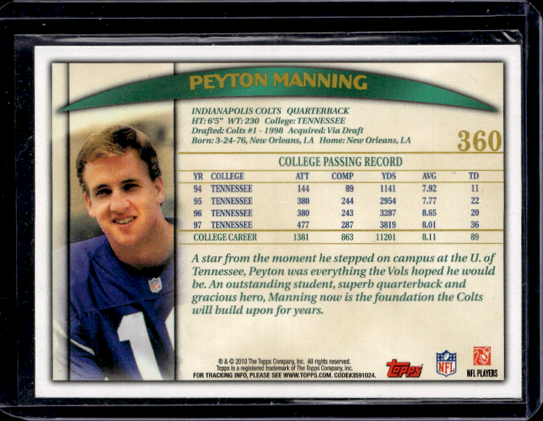 Peyton Manning Rookie Card 2010 Topps Anniversary Reprint #360 Colts ...