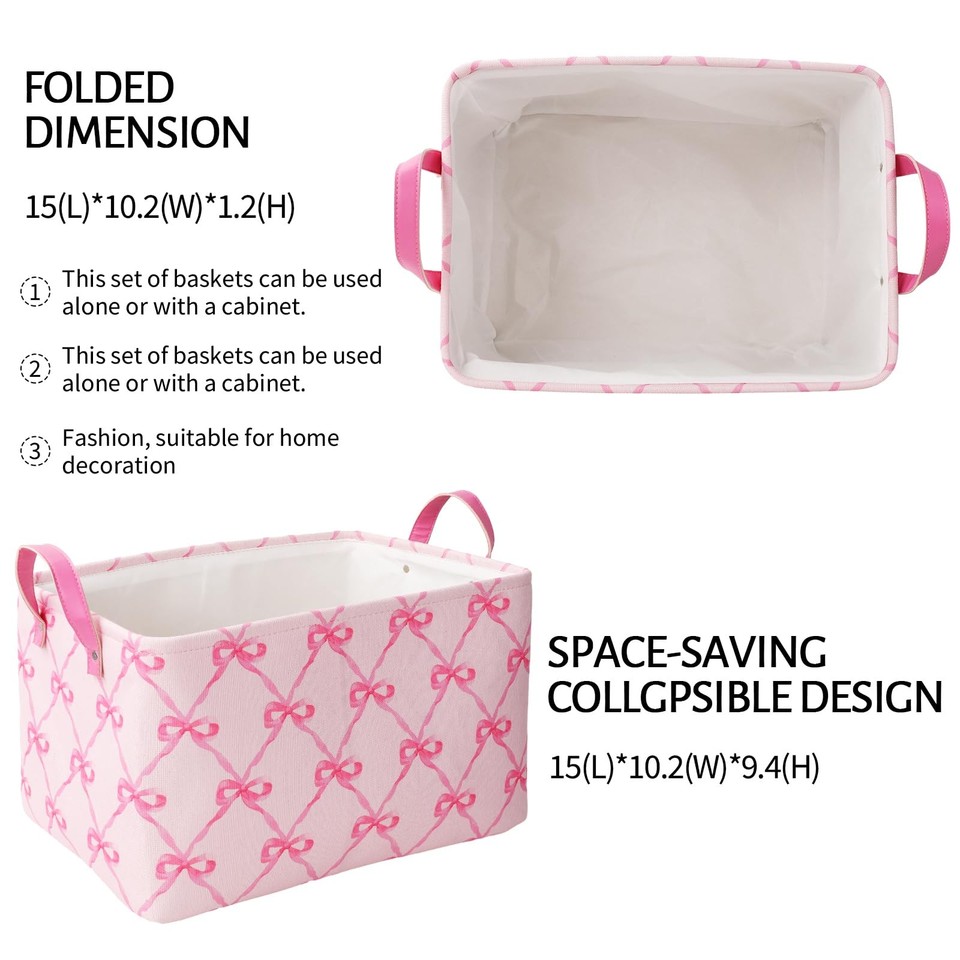 2Pcs Pink Bow Storage Basket Pink Storage Bin with Handle Large Fabric ...