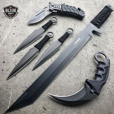 6 PC Black Tactical Hunting Sword MACHETE Throwing Karambit Knife ...