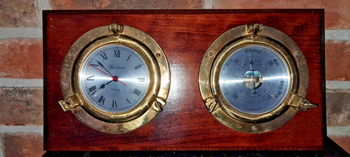 SOLID BRASS WEATHERMASTER SHIPS BULKHEAD BAROMETER & SPECTRUM CLOCK ...